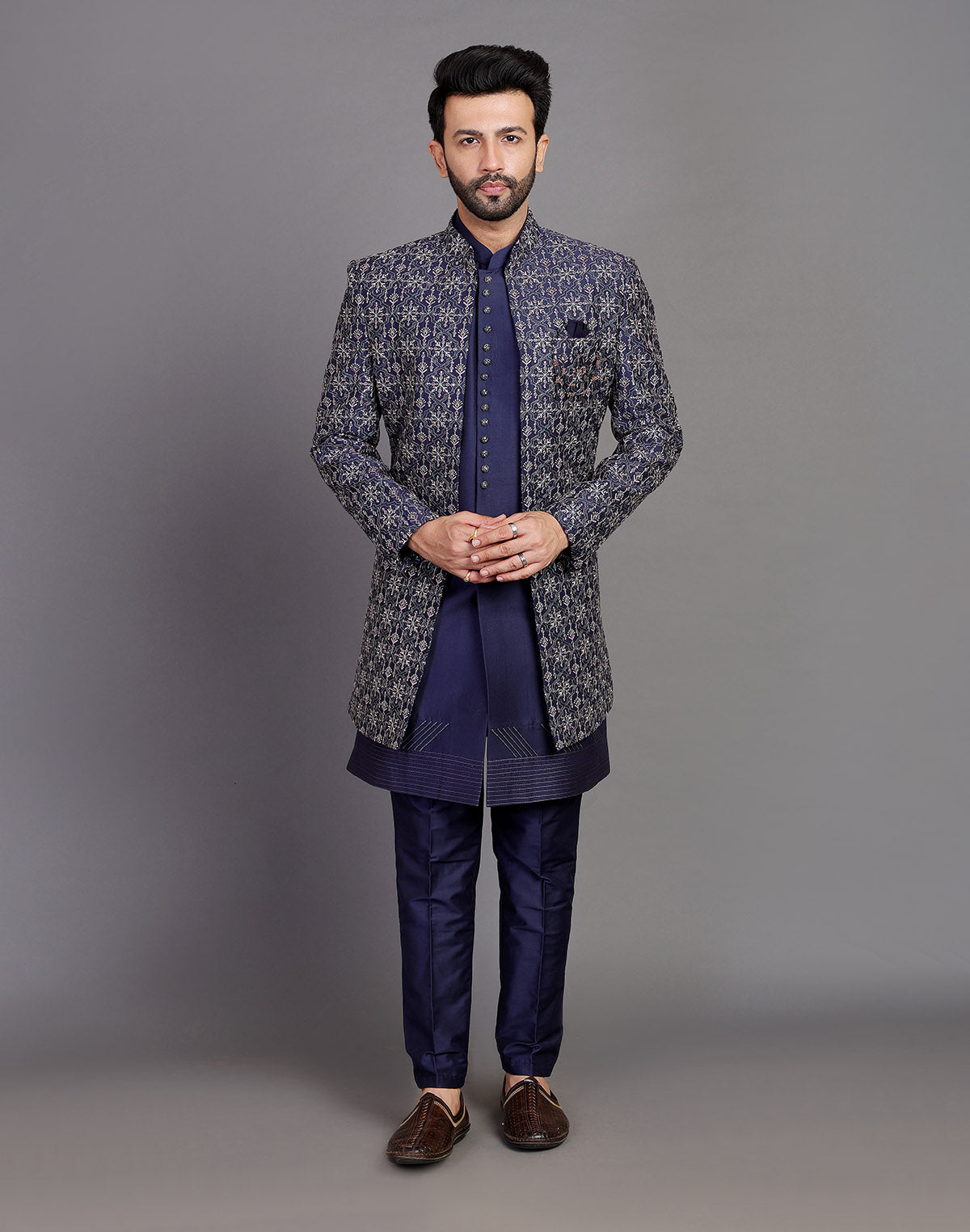 Navy Blue Floral Raw Silk Embroidery Work Open Jacket Style – South ...