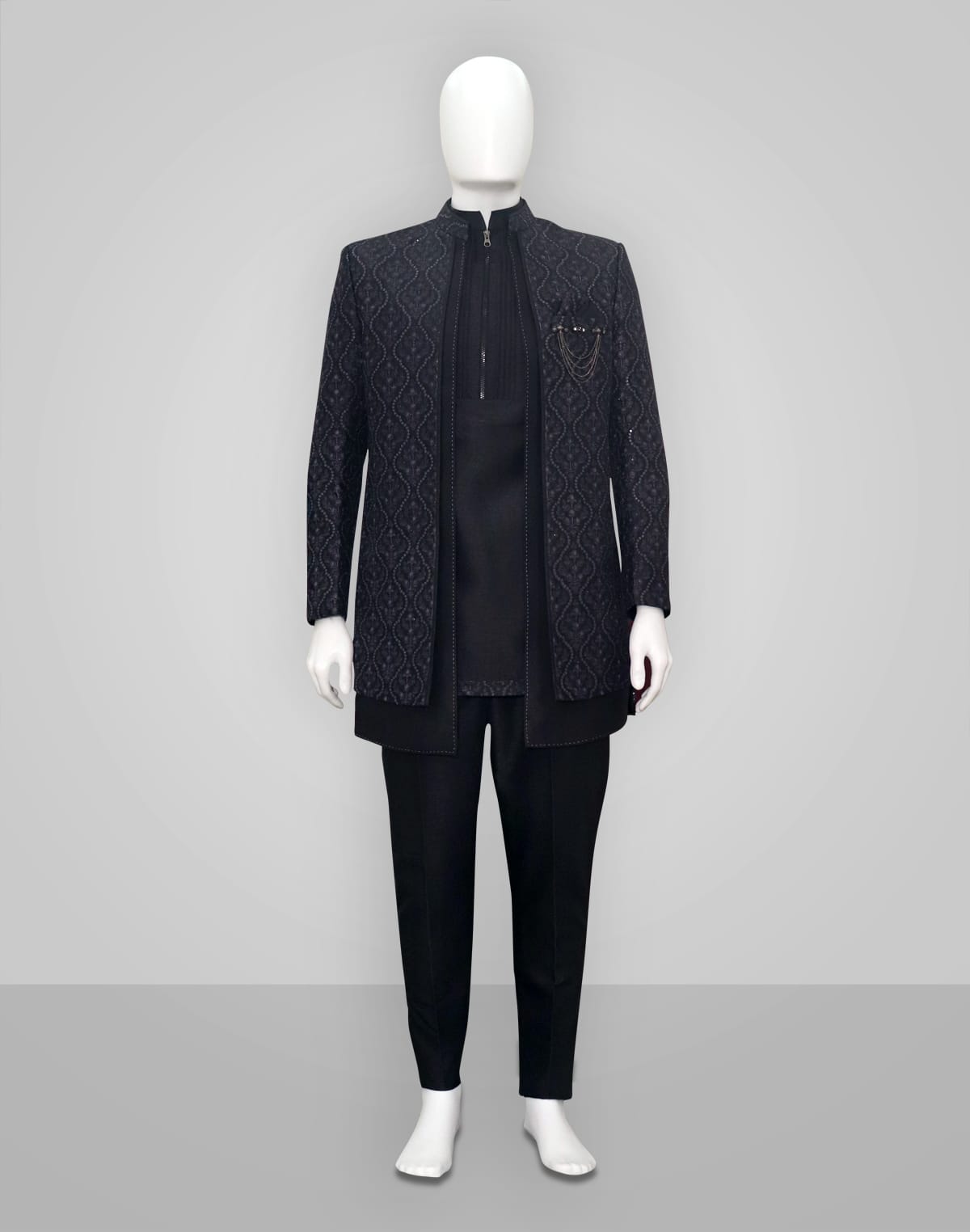 Grey self design Embellished work Raw Silk Indo Kurta with 2 Open Jack ...