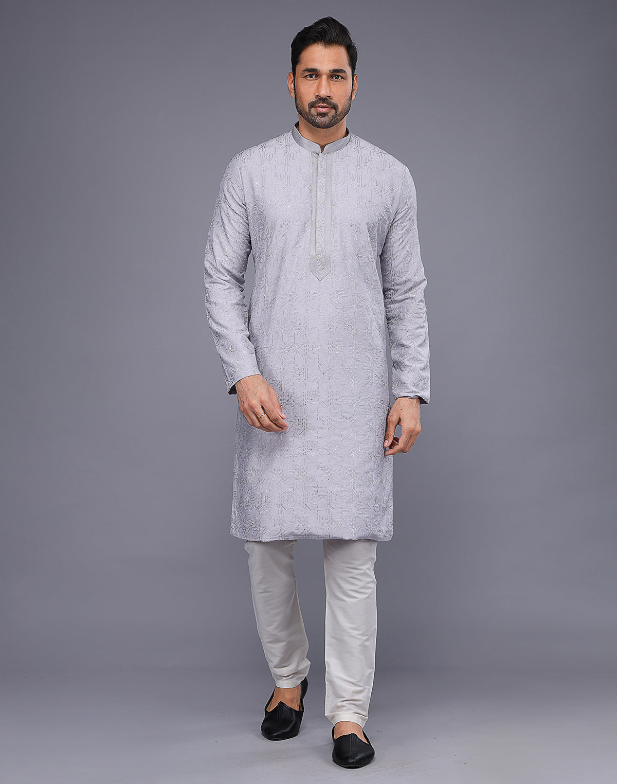 All Over Thread Work Soft Silk Grey Color Kurta Set – South India ...