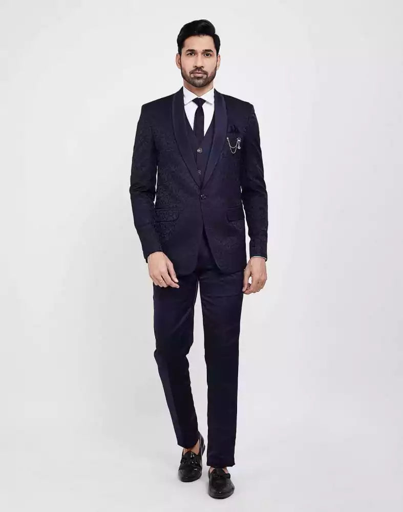 Navy Blue Slim Fit 5 Pc Tuxido Designer Suit – South India Shopping Mall