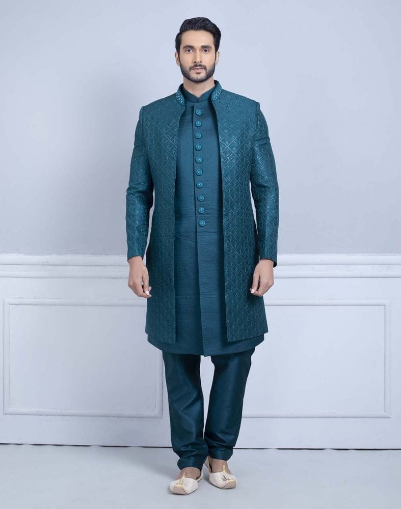 Rama Green Self Design Raw Silk Indo Open Jacket Set – South India ...