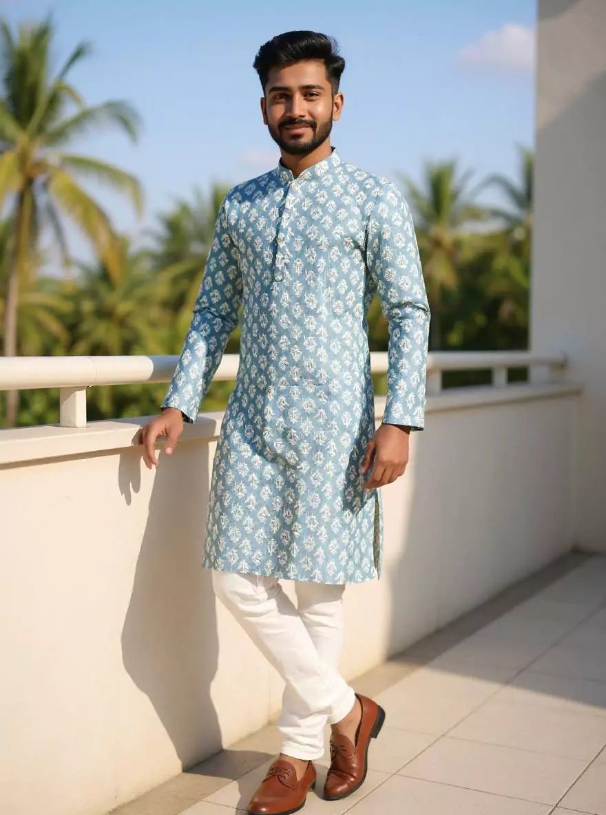 Blue Floral Motifs Printed Cotton Kurta Pyjamas – South India Shopping Mall