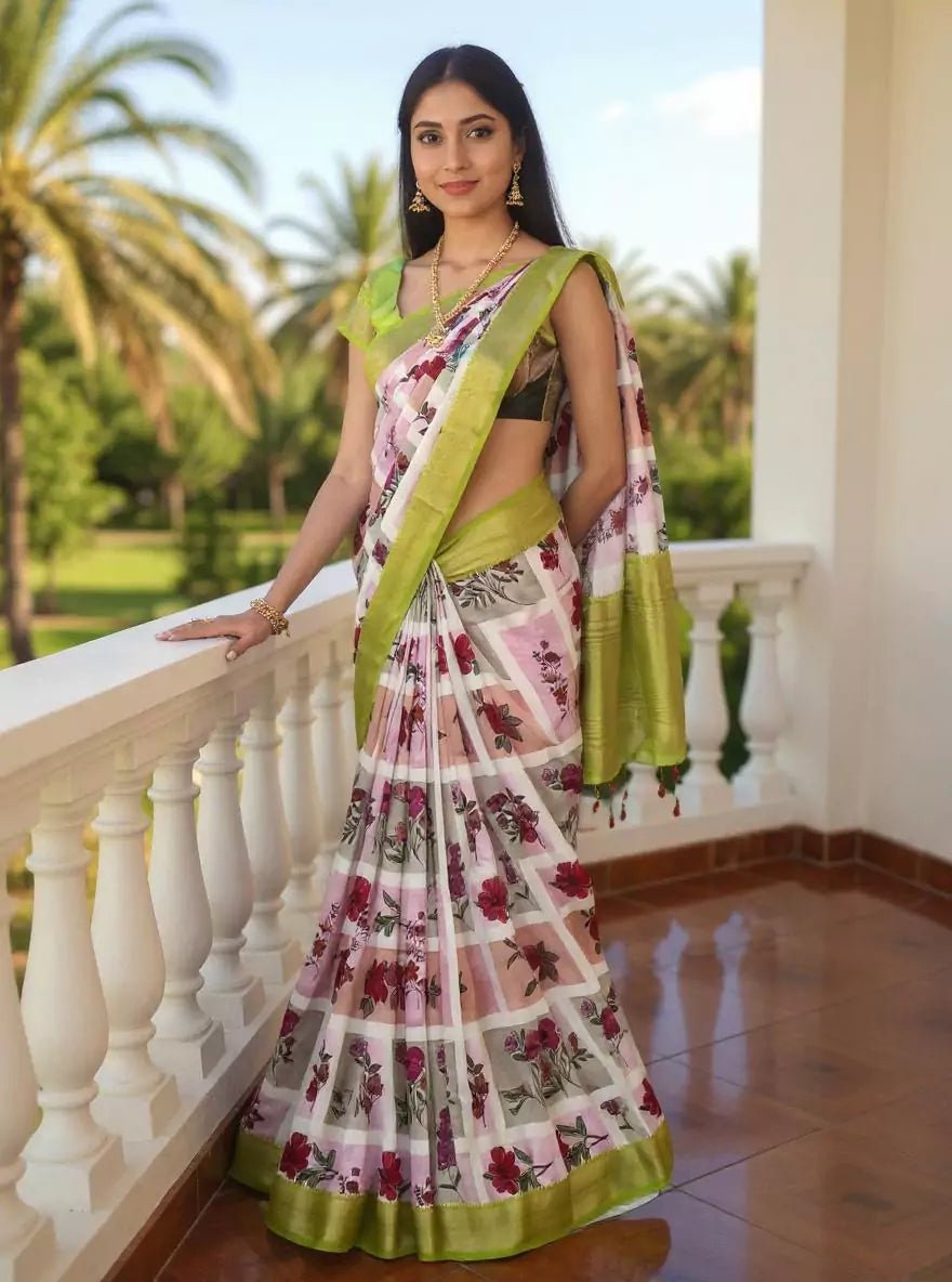 Off White Floral Dola Silk Saree with Kalamkari Border – South India ...