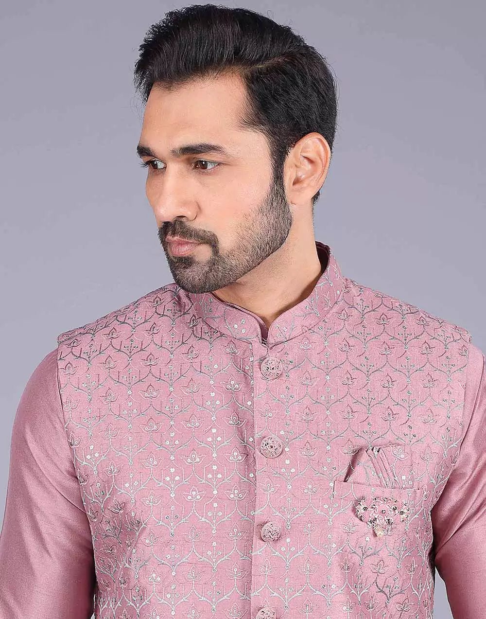 Onion Color Embroidered Jacquard Kurta Jacket Set – South India ...