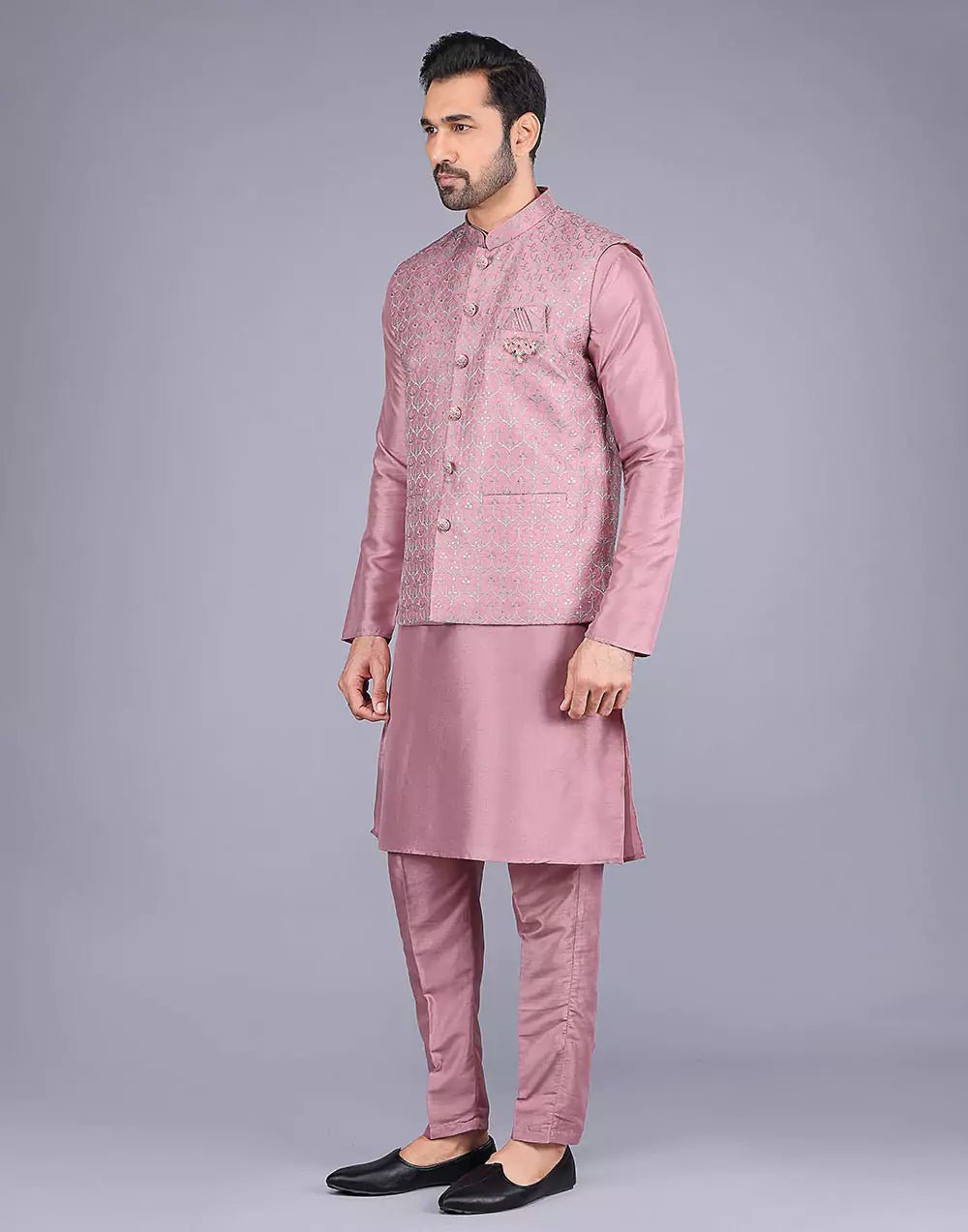 Onion Color Embroidered Jacquard Kurta Jacket Set – South India ...