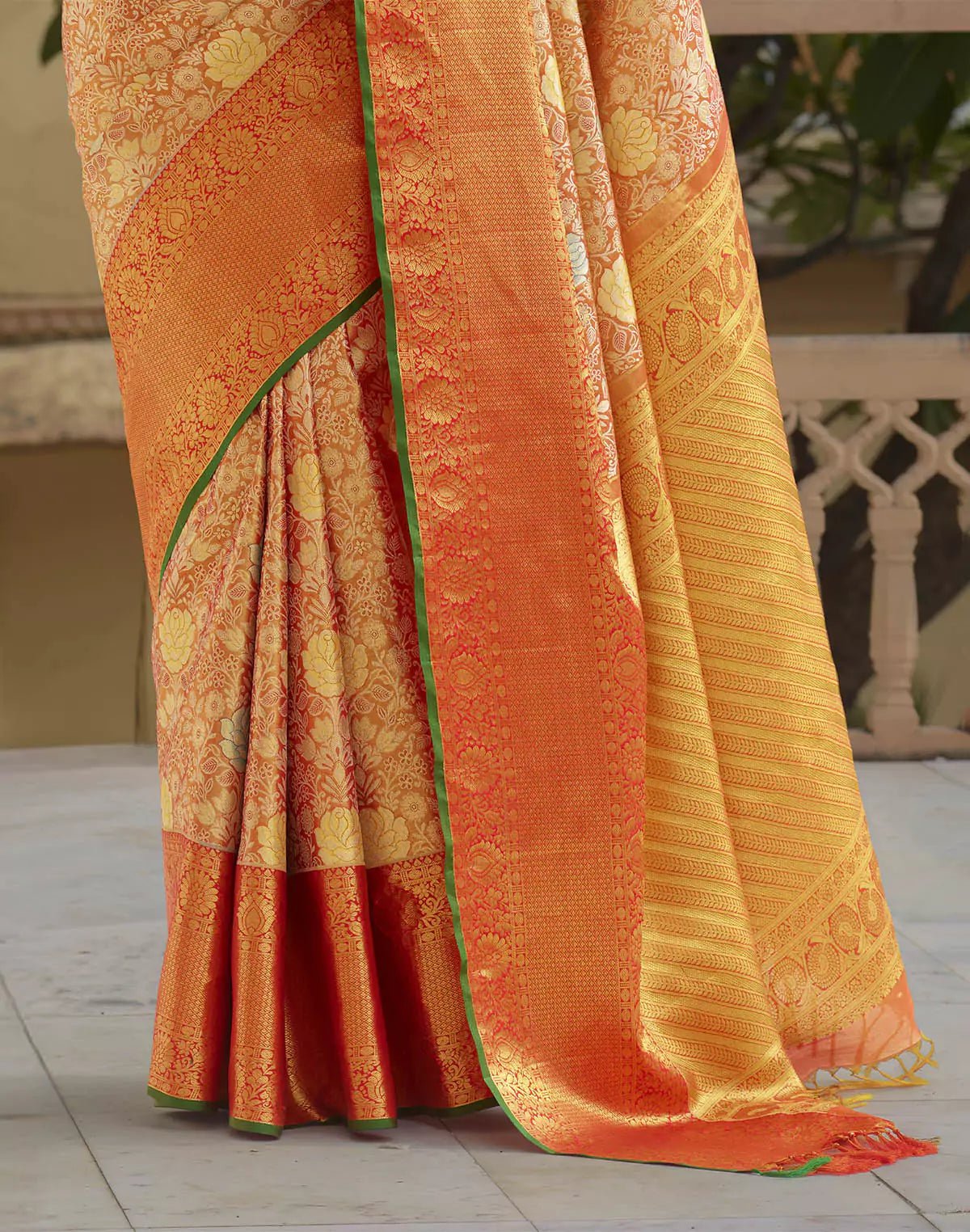 Orange & Green Floral Pure Silk Saree with Self Border – South India ...