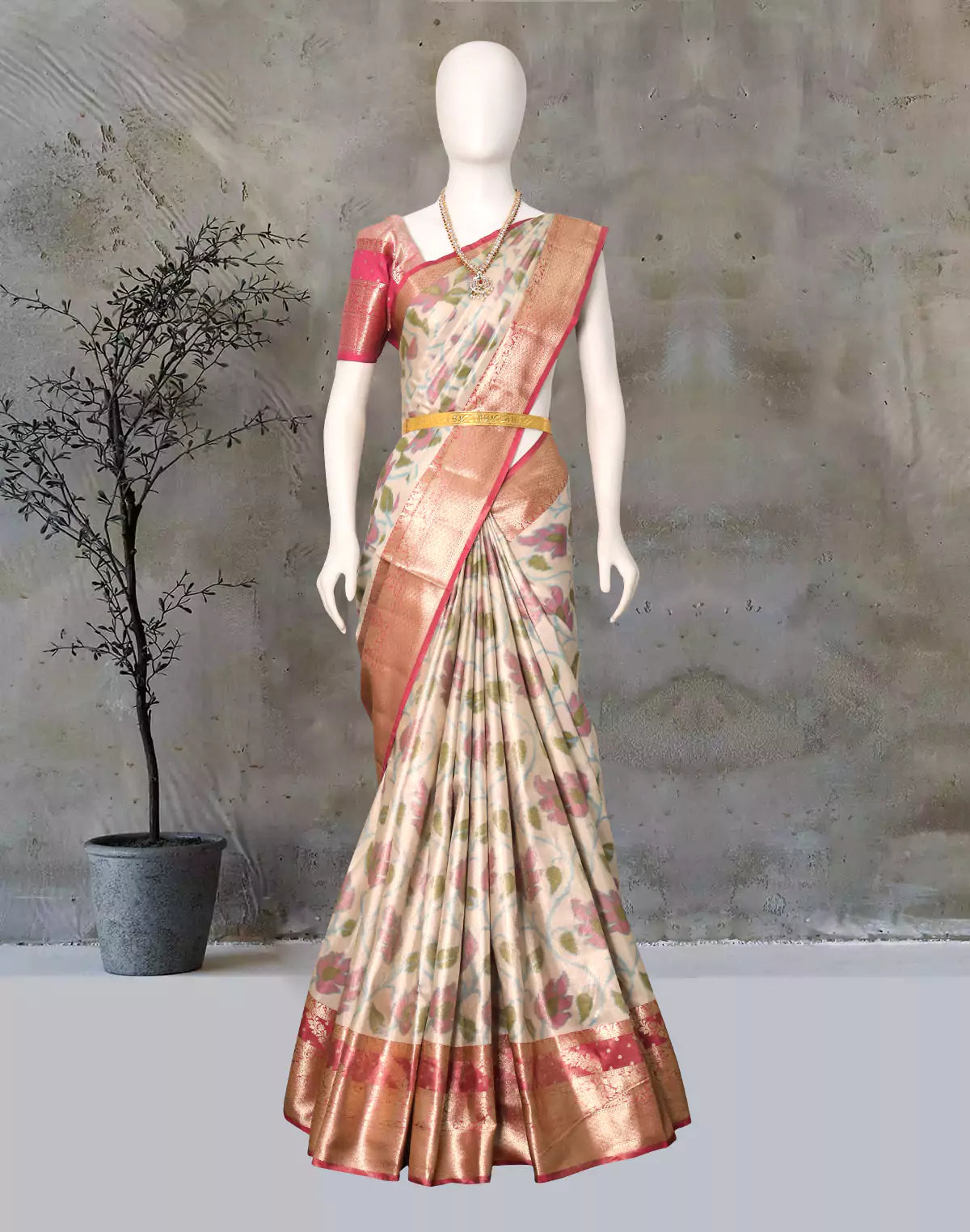 Decent Cream Ikat Tissue Saree with Kanchi Border – South India ...