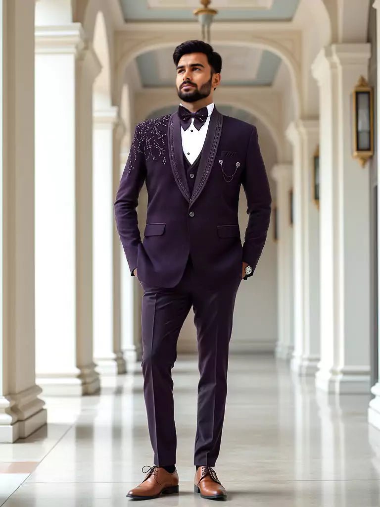 Solid Wine Polynosic Stones with Beads work Tuxido Suit – South India ...