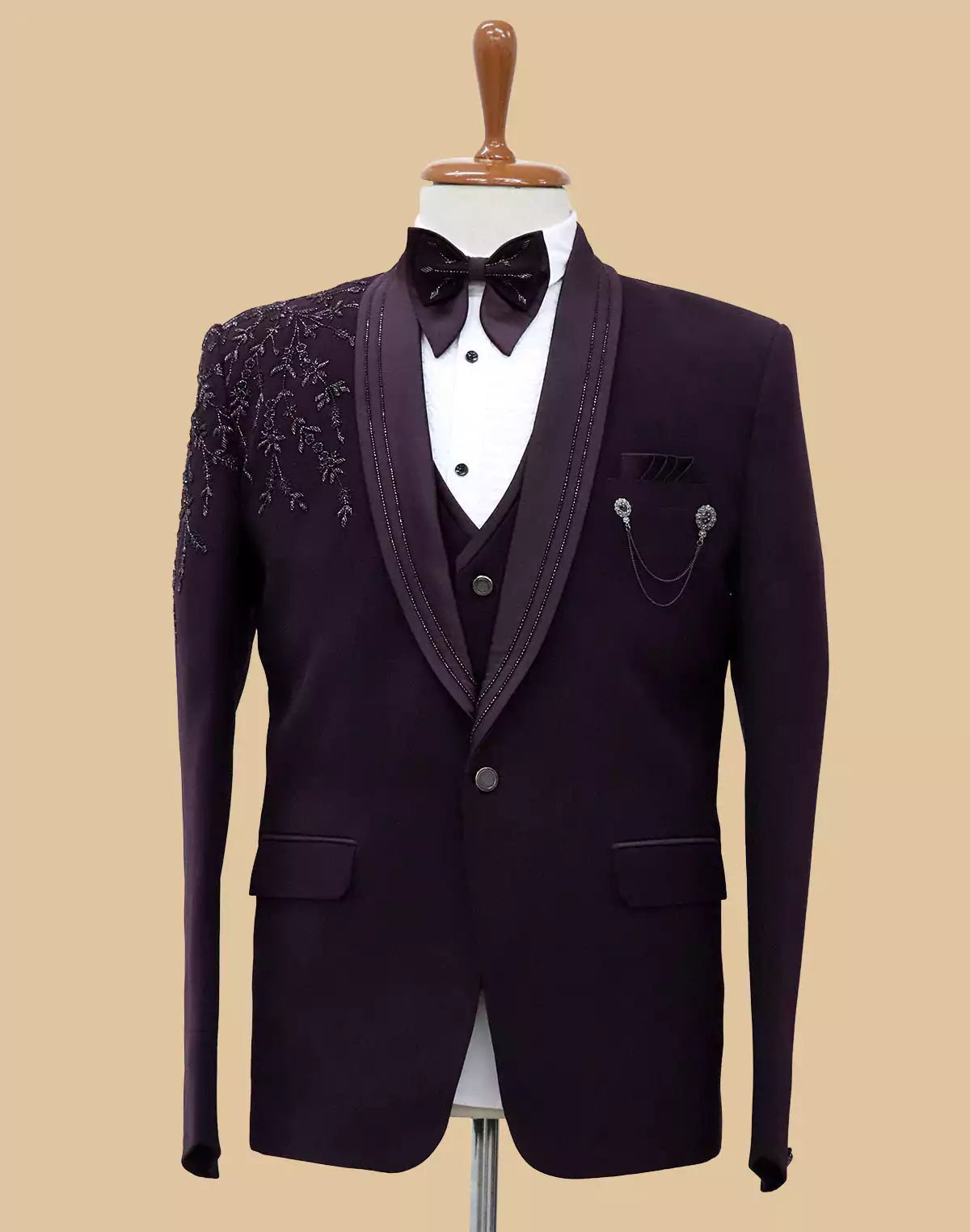 Solid Wine Polynosic Stones with Beads work Tuxido Suit – South India ...