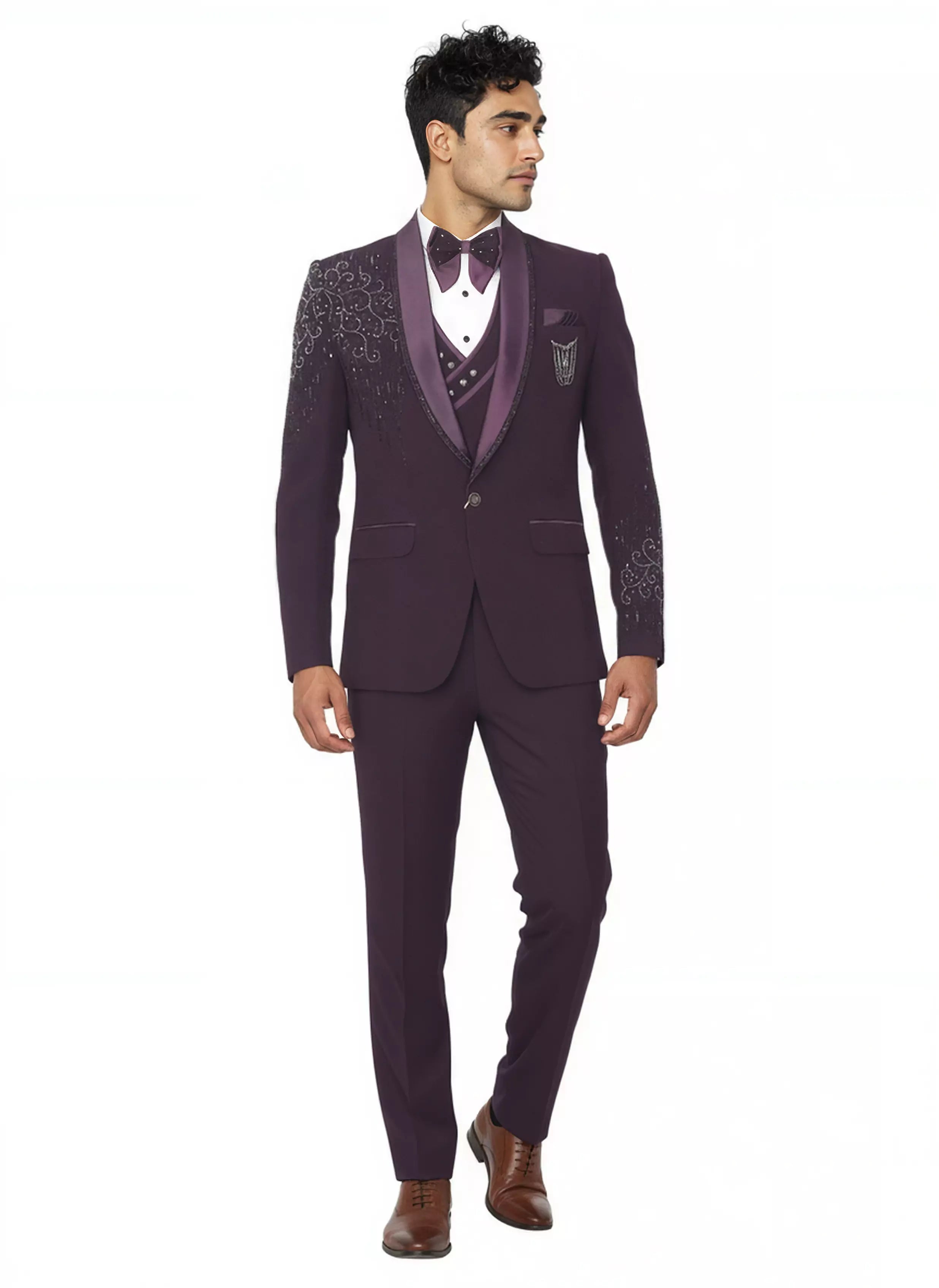 Polynosic Beads work Wine 5 Pc Tuxido Designer Suit – South India ...