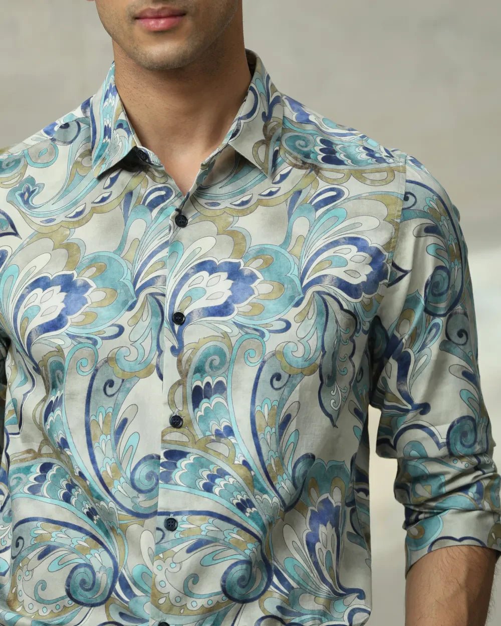 Teal Blue Floral Digital Printed Cotton Slim Fit Shirt – South India ...