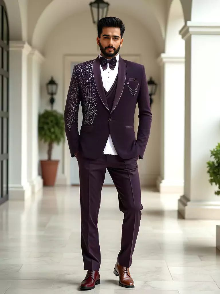 Wine Polynosic Cutdana Tuxedo Party Wear Designer Suit – South India Shopping Mall